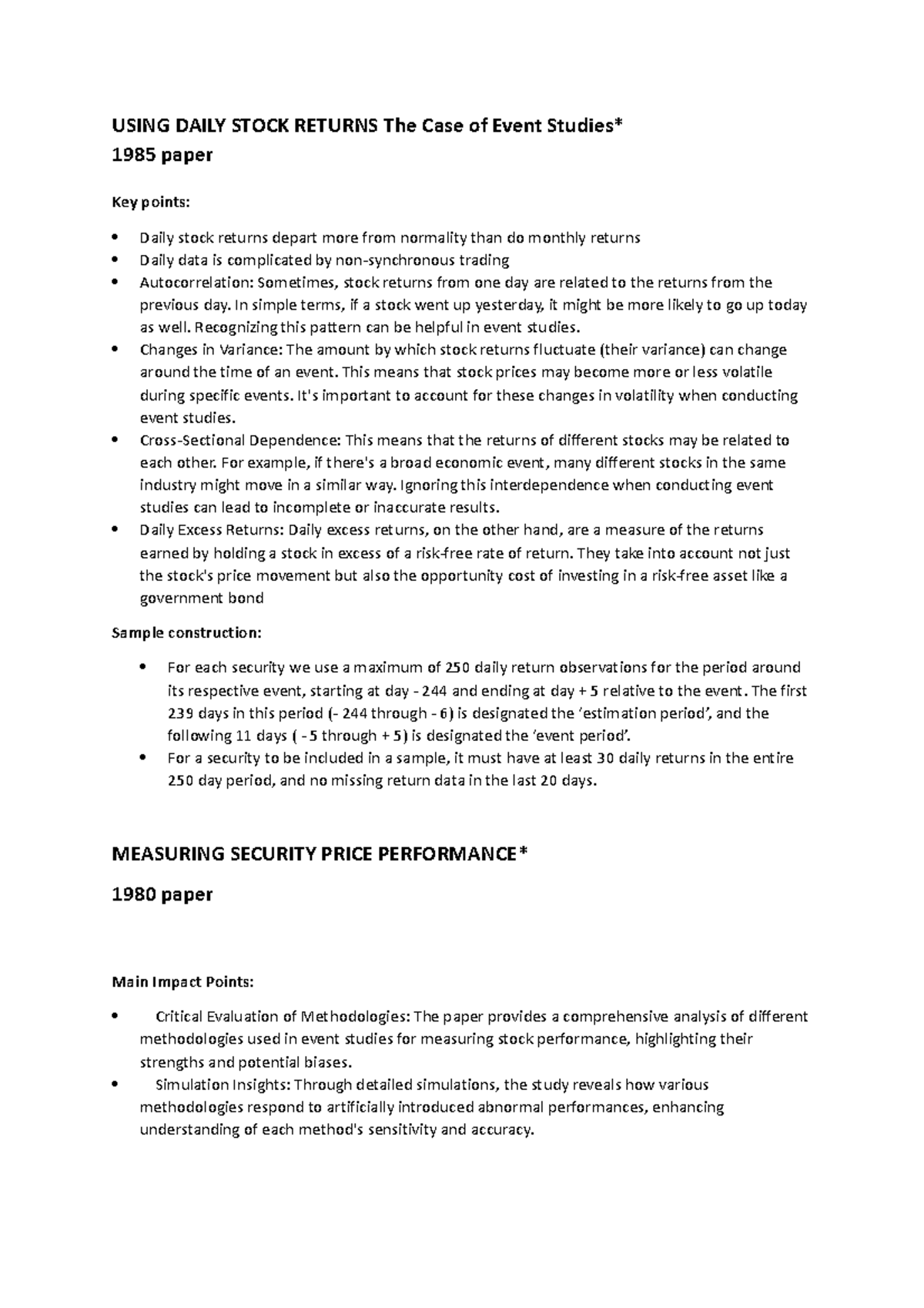 Capstone research - USING DAILY STOCK RETURNS The Case of Event Studies* 1985 paper Key points ...