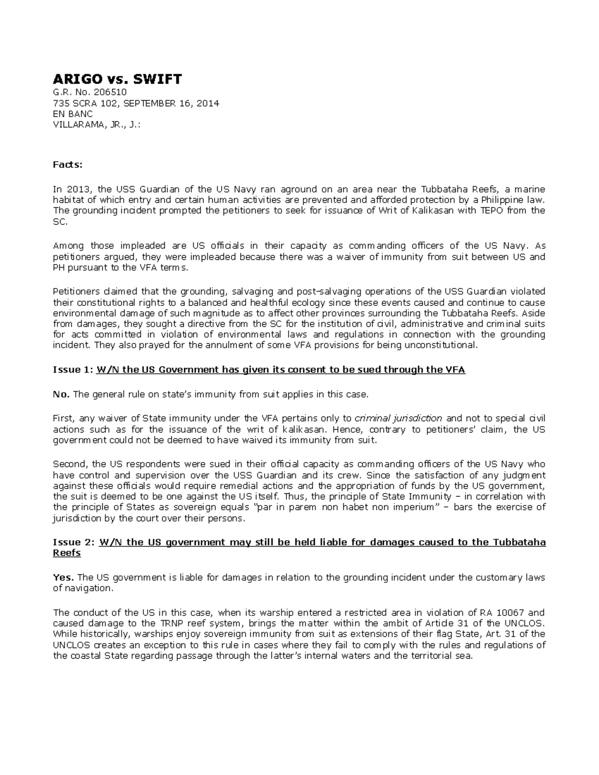 Arigo VS. Swift - ARIGO vs. SWIFT G. No. 206510 735 SCRA 102, SEPTEMBER ...