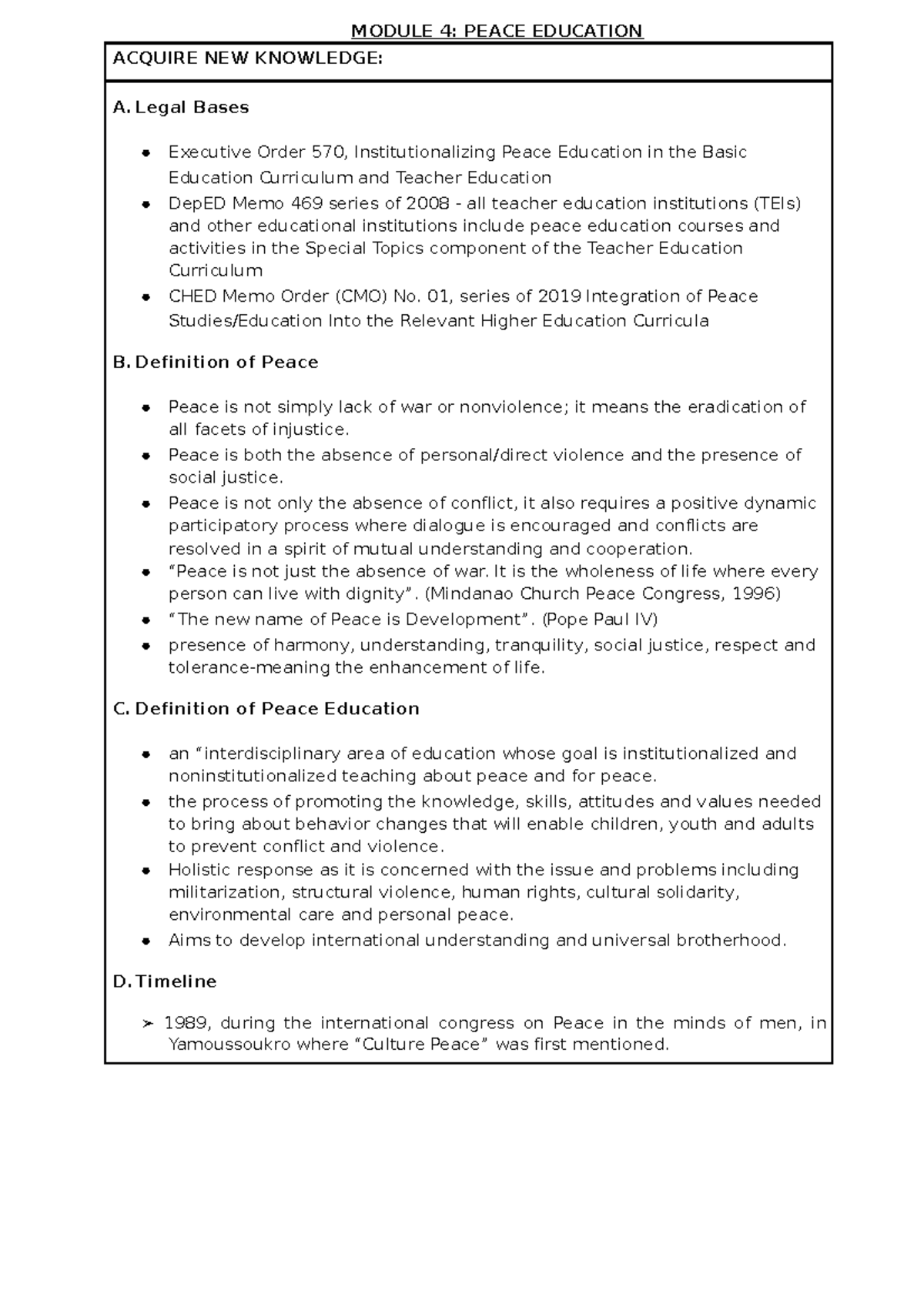 Peace Education - MODULE 4: PEACE EDUCATION ACQUIRE NEW KNOWLEDGE: A ...