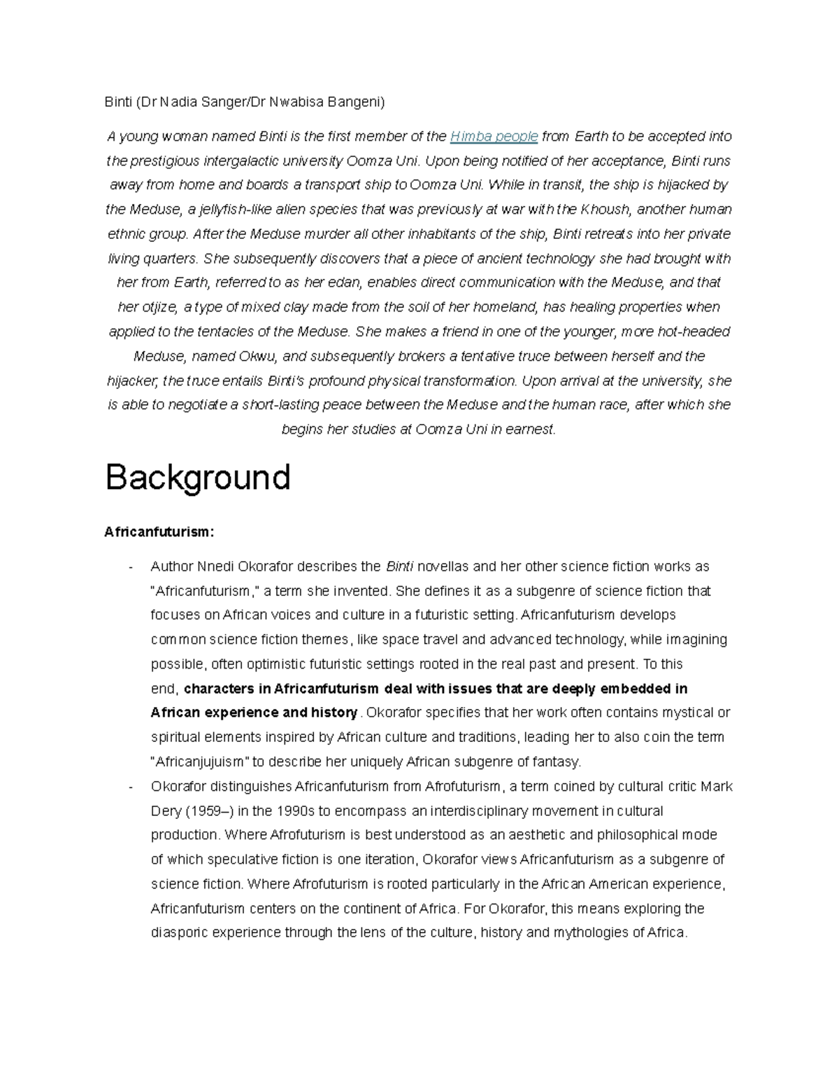 Updated english 178 binti notes - Binti (Dr Nadia Sanger/Dr Nwabisa ...