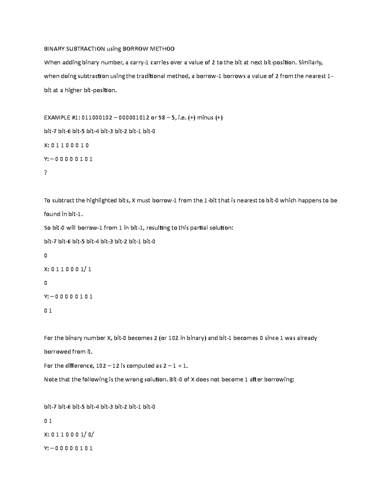 Binary Subtraction Using Borrow Method BINARY SUBTRACTION Using