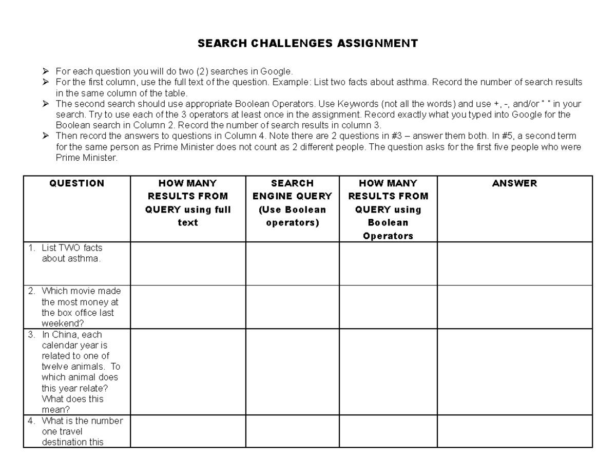 3.9 Search Challenge Assignment - SEARCH CHALLENGES ASSIGNMENT For each ...