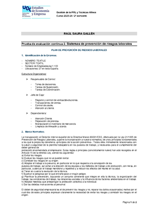 SOL M4.105 PEC 1 23 24 1 - PEC 1 - Gestión de la PRL y Técnicas Afines Curso 2023-24 / 1º ...