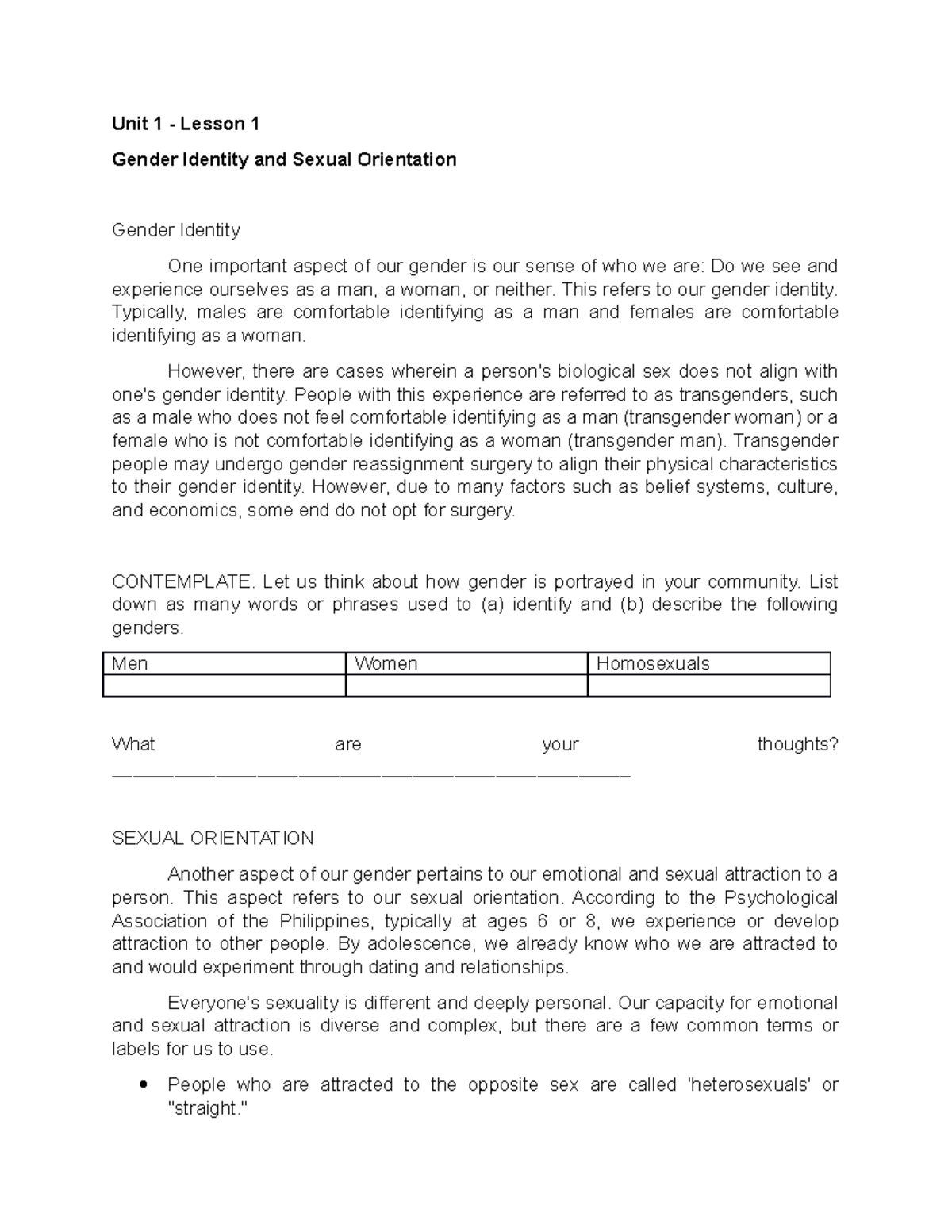 Gender Identity and Sexual Orientation - Unit 1 - Lesson 1 Gender ...