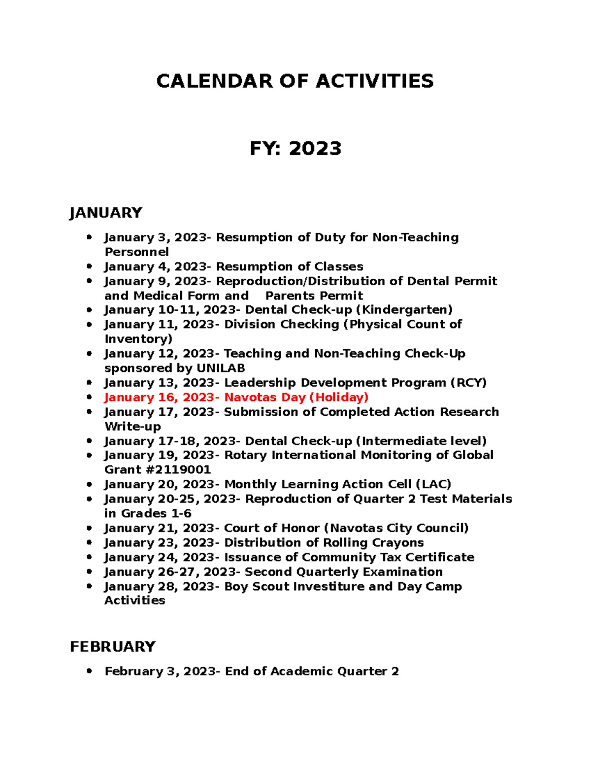 Calendar OF Activities FY-2023 - CALENDAR OF ACTIVITIES FY: 2023 ...