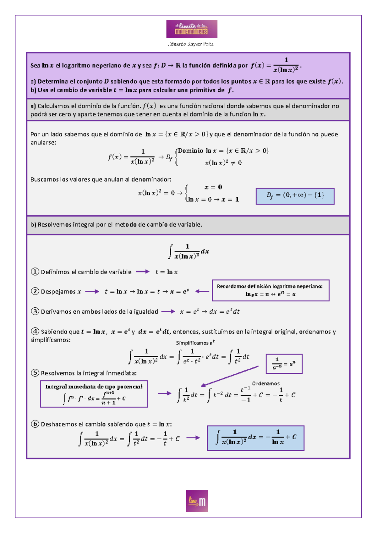 Ejercicios Repaso Integrales - Sea 𝐥𝐧 𝒙 el logaritmo neperiano de 𝒙 y sea 𝒇: 𝑫 → ℝ la función ...