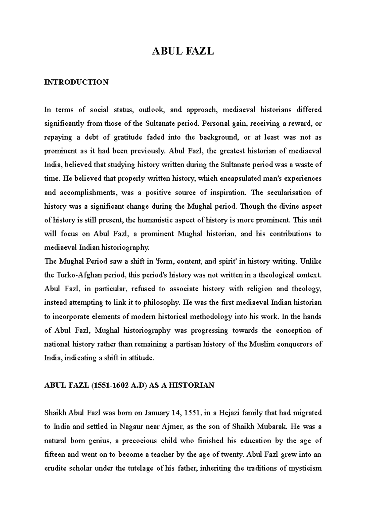 ABUL FAZL - Lecture notes 6 - ABUL FAZL INTRODUCTION In terms of social ...