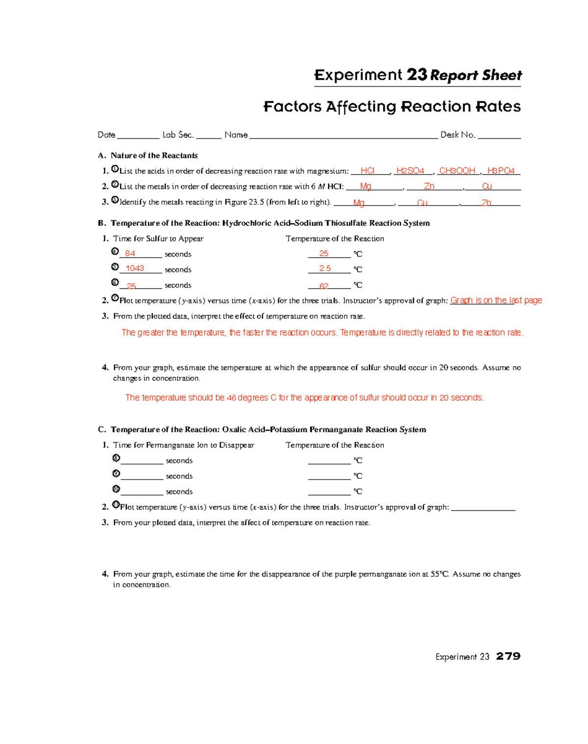 Experiment 23 - Post Lab - Experiment 23 Report Sheet Factors Affecting ...