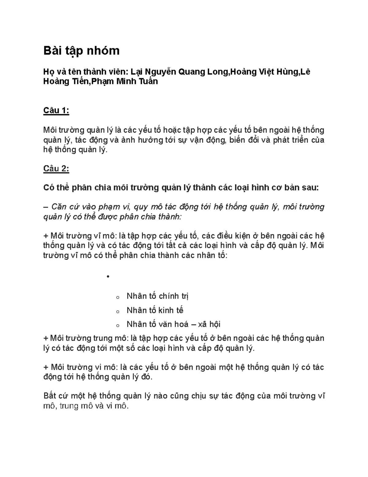 Bai tap nhom chuong 4 - oke - Bài tập nhóm Họ và tên thành viên: Lại Nguyễn Quang Long,Hoàng ...