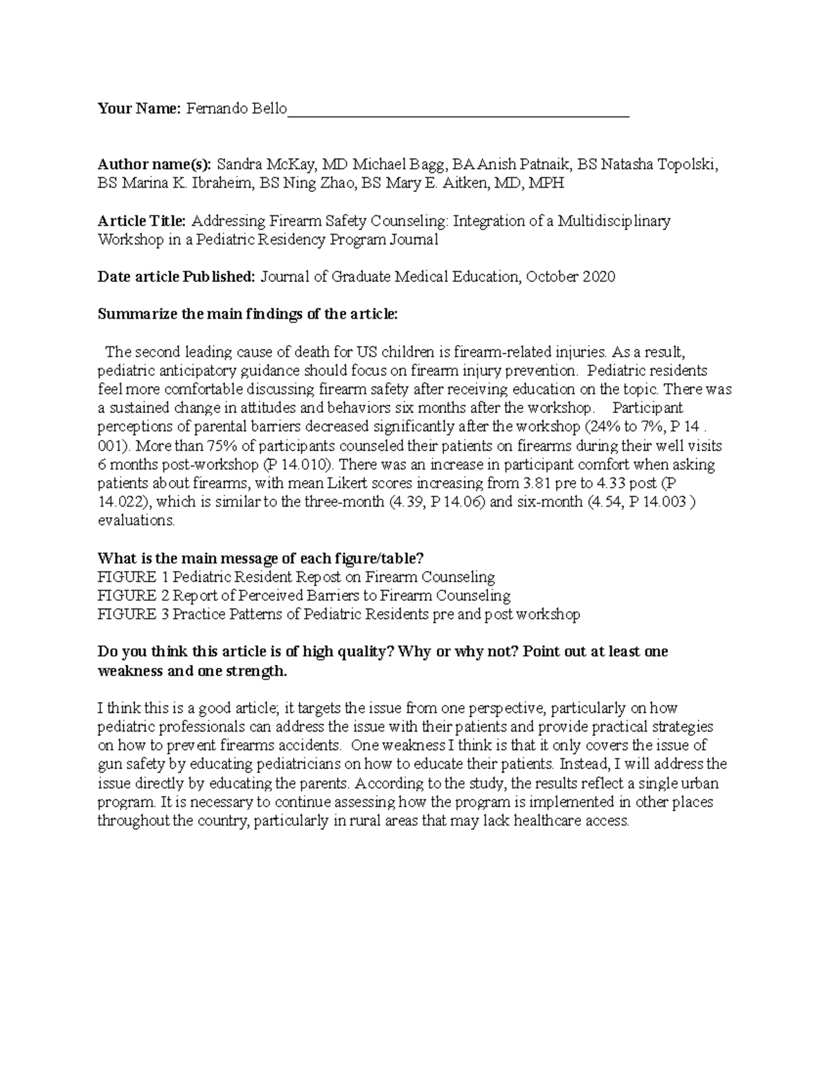 Journal Assignment Handout - Your Name: Fernando Bello