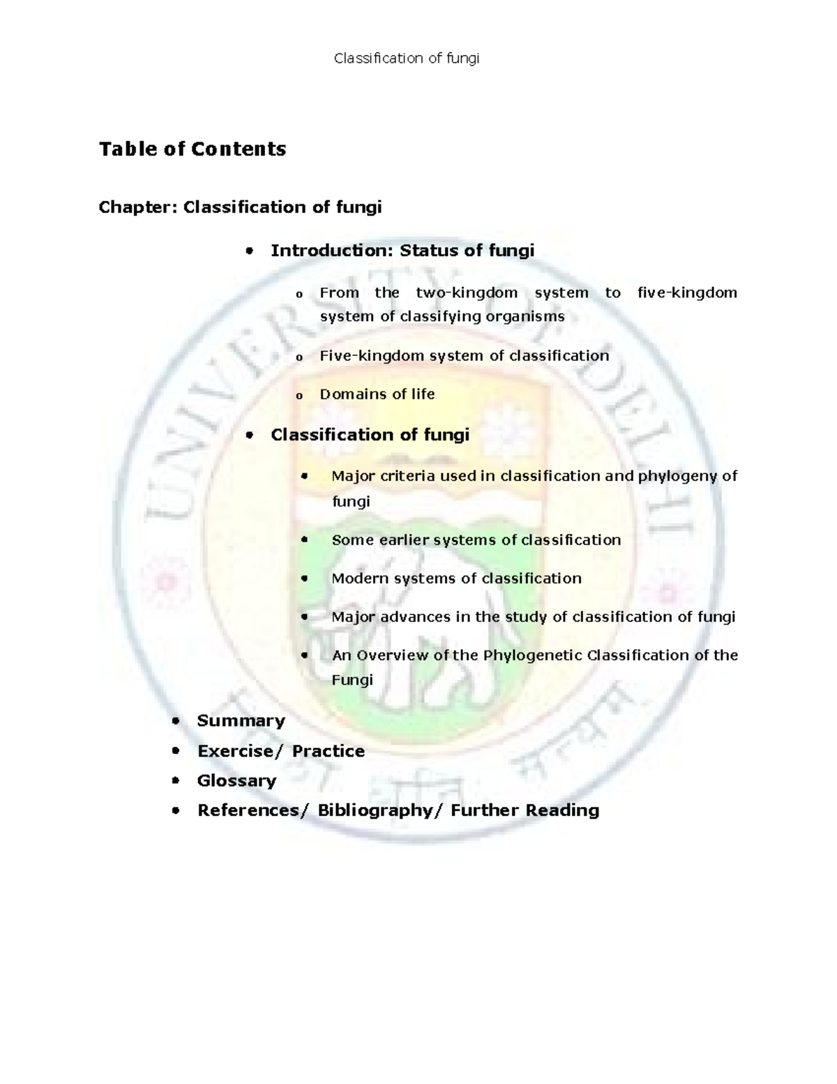 Unit -5 Classification of Fungi - Classification of fungi Table of ...