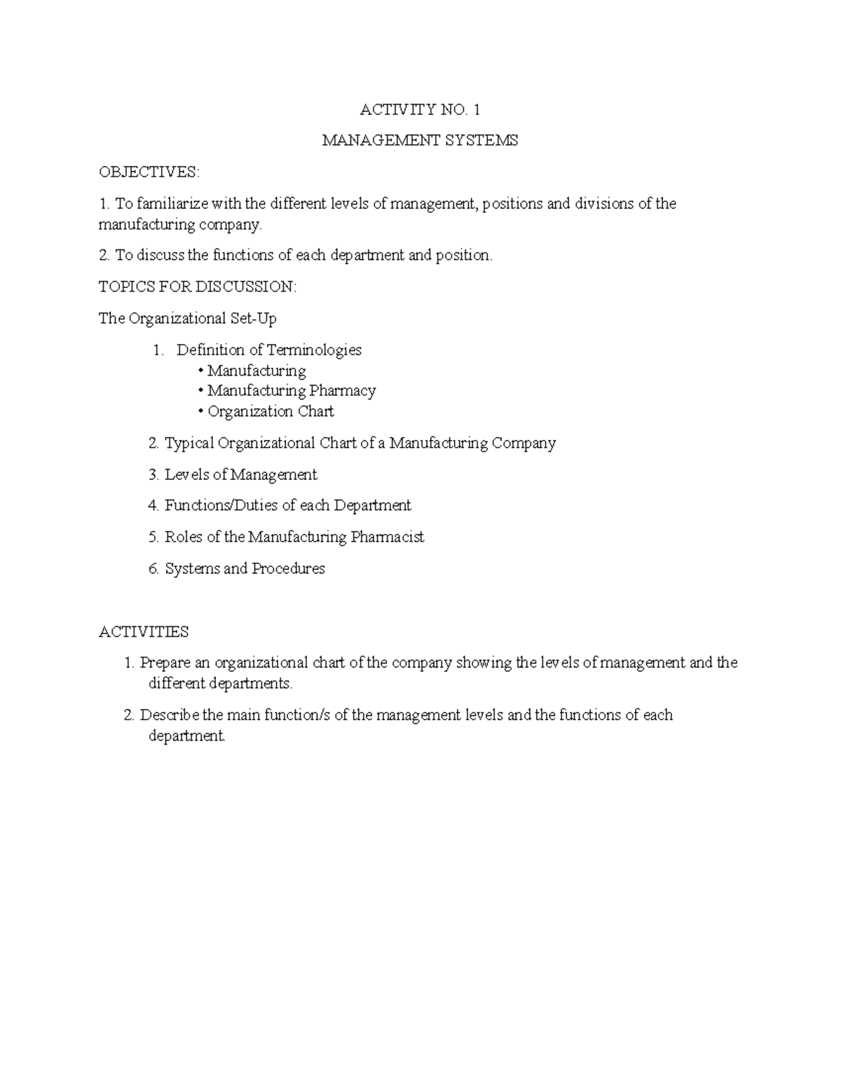 Manufacturing Internship Manual - MANAGEMENT SYSTEMS OBJECTIVES: To ...