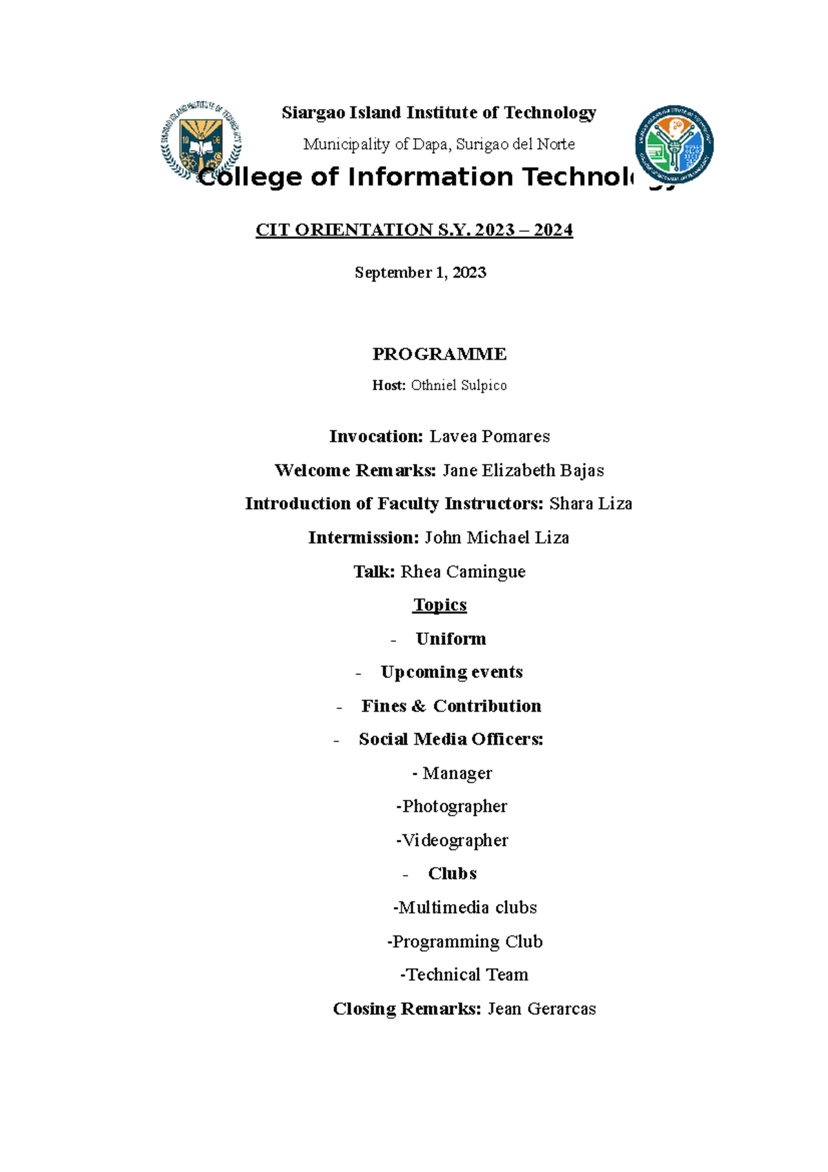 Program - Siargao Island Institute of Technology Municipality of Dapa ...