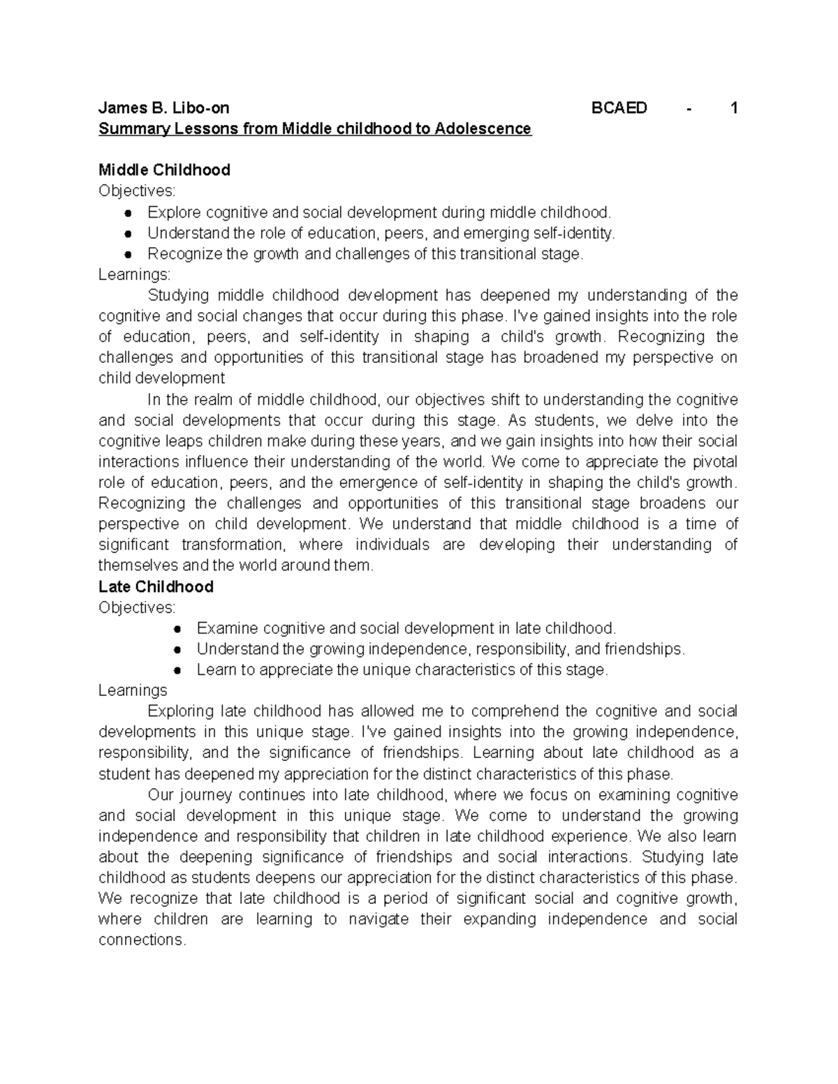Summary Lessons Middle childhood to Adolescence - James B. Libo-on ...