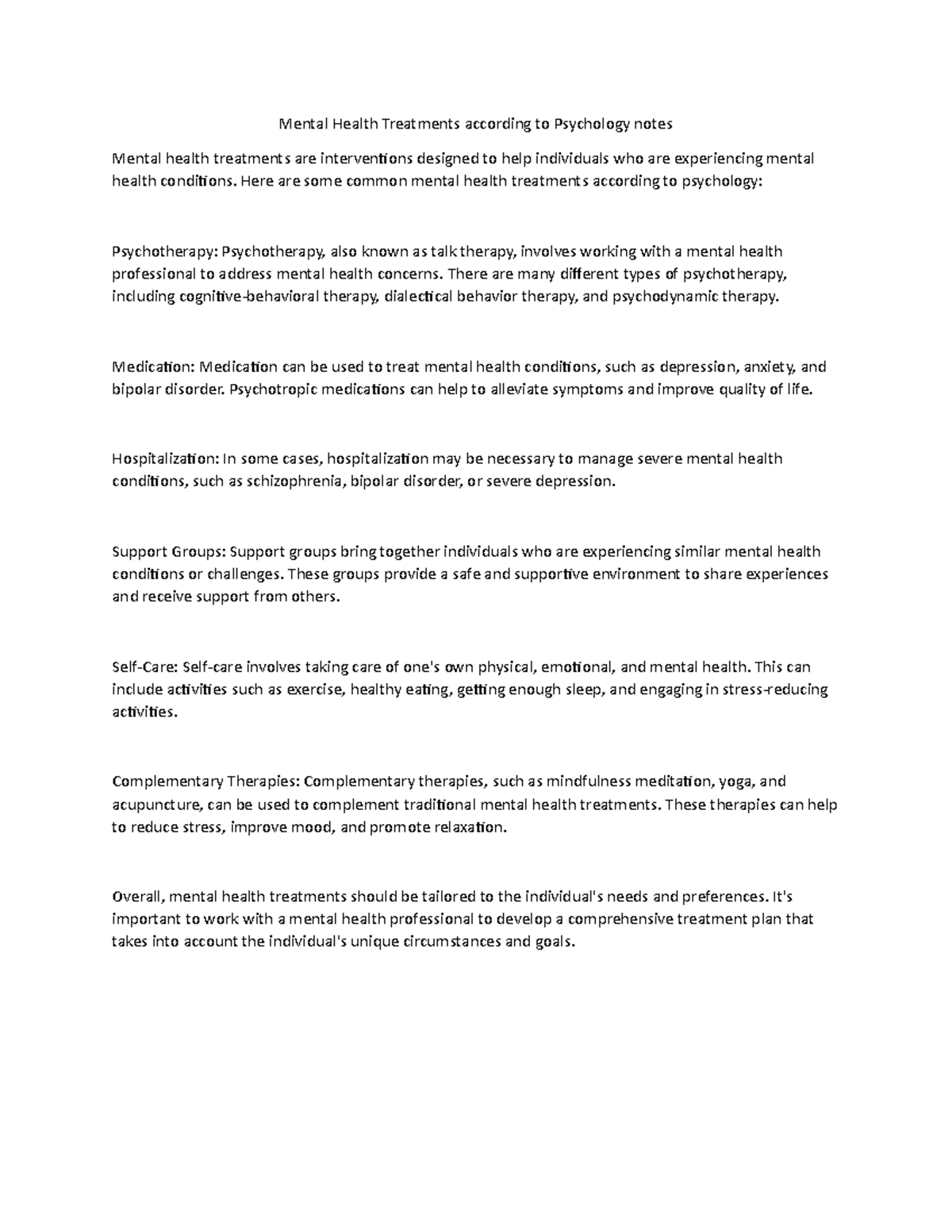 Mental Health Treatments according to Psychology notes - Here are some ...