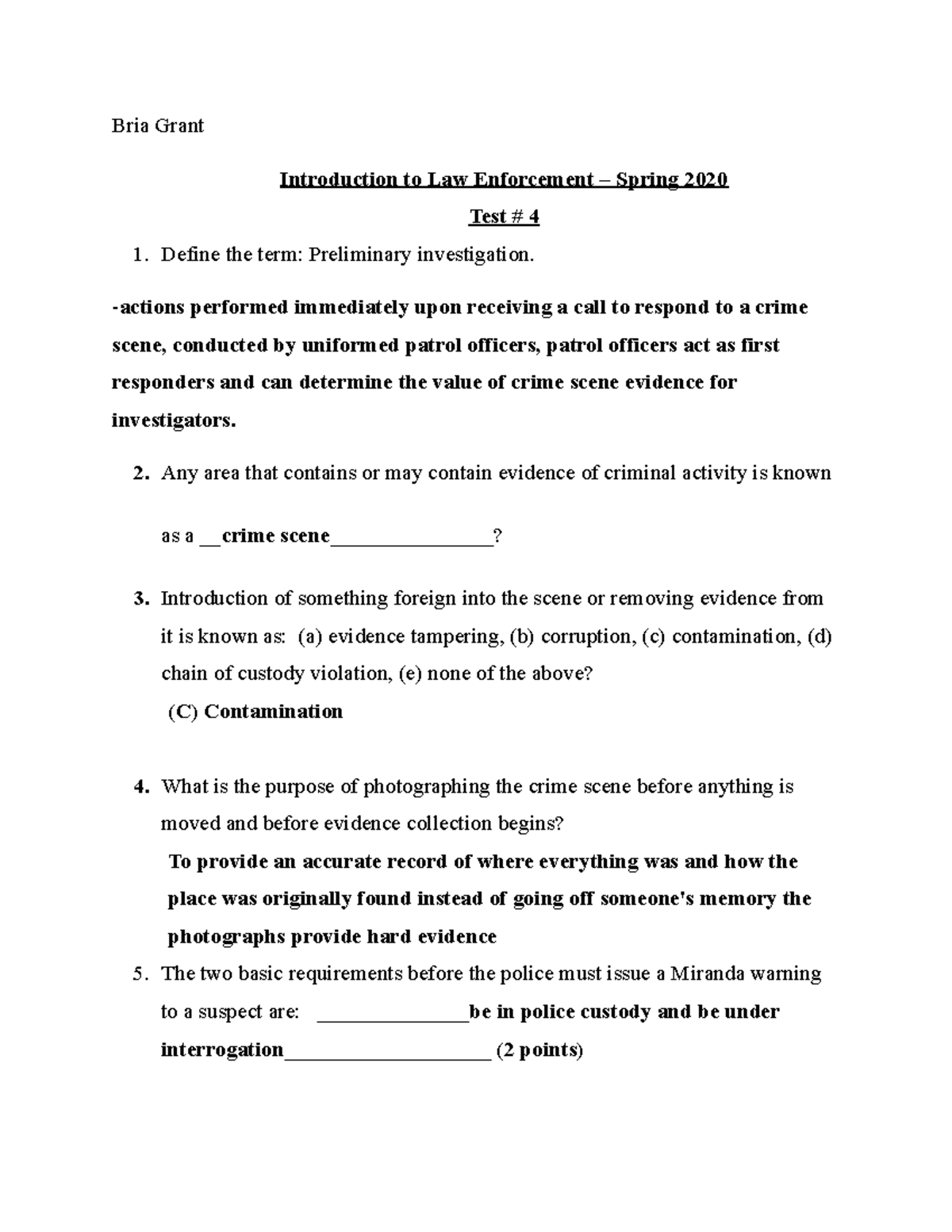 Test # 4 Forensics & Interrogations Intro to Law Enforcement Spring ...