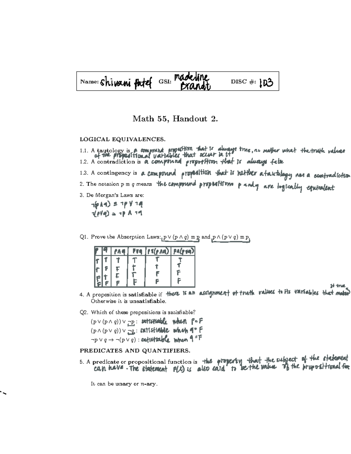 Handout 2 - Name: GSI: DISC #: ####### Math 55, Handout 2. LOGICAL ...