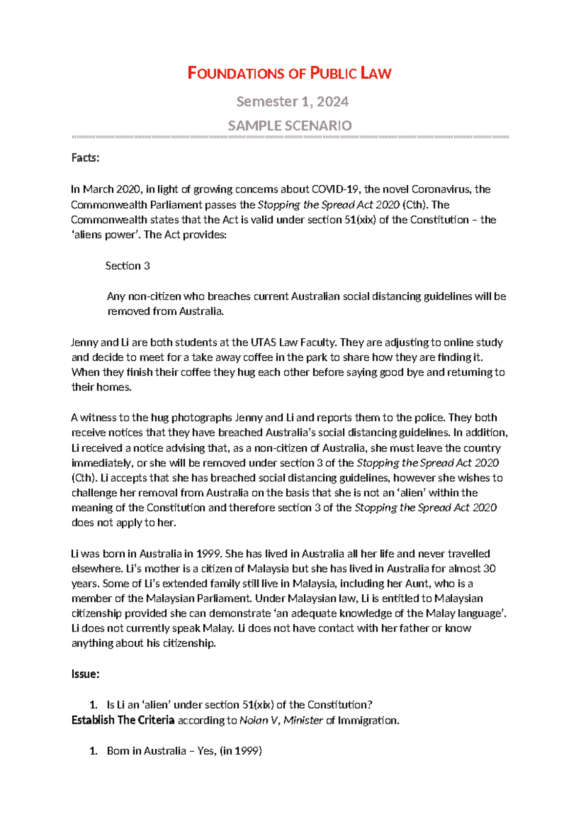 Sample scenario - aliens power - FOUNDATIONS OF PUBLIC LAW Semester 1 ...