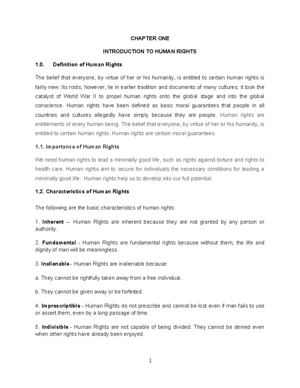 Human Rights Notes - CHAPTER ONE INTRODUCTION TO HUMAN RIGHTS 1 ...