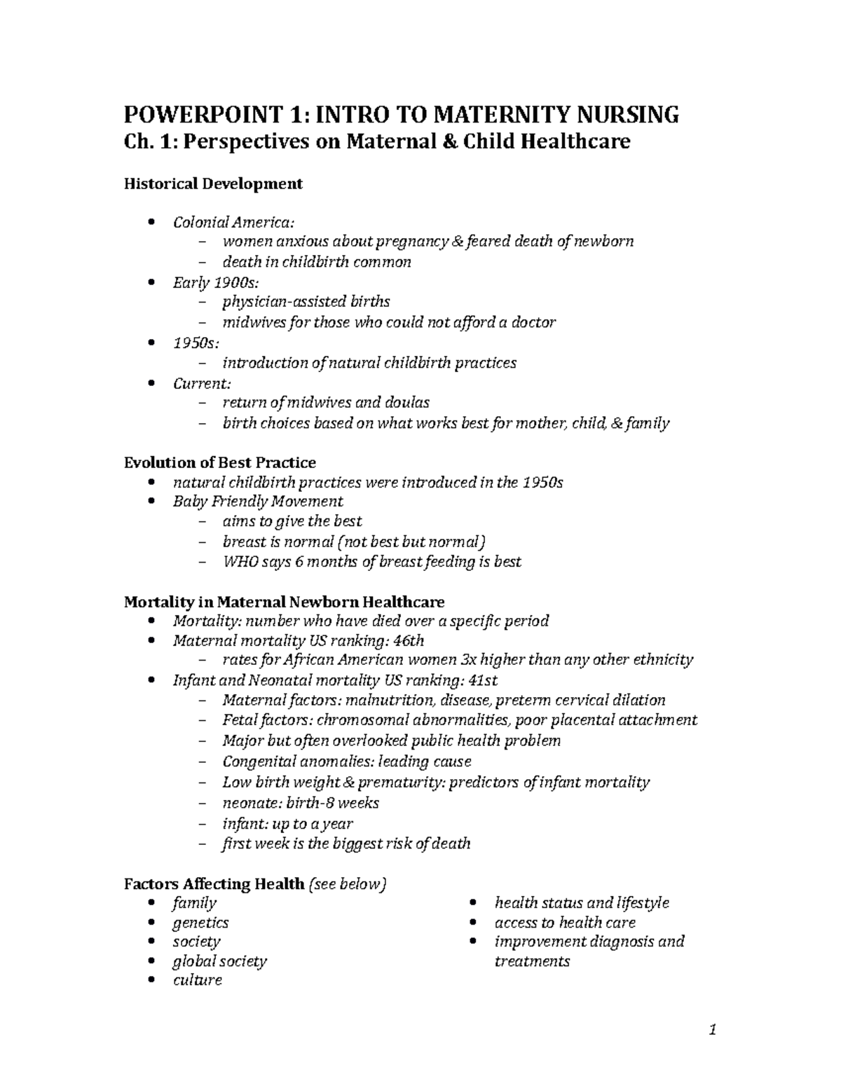 Maternal & Child Nur 344 Test 1 Study Guide - POWERPOINT 1: INTRO TO ...