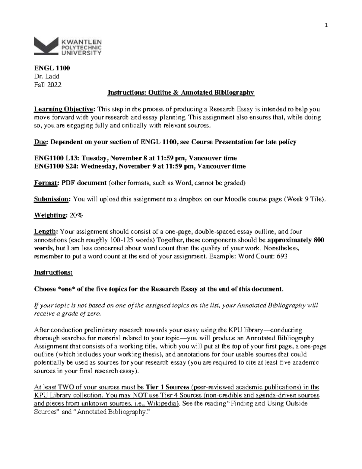 Outline Annotated Bibliography Instructions Fall 2022 - ENGL 1100 Dr ...