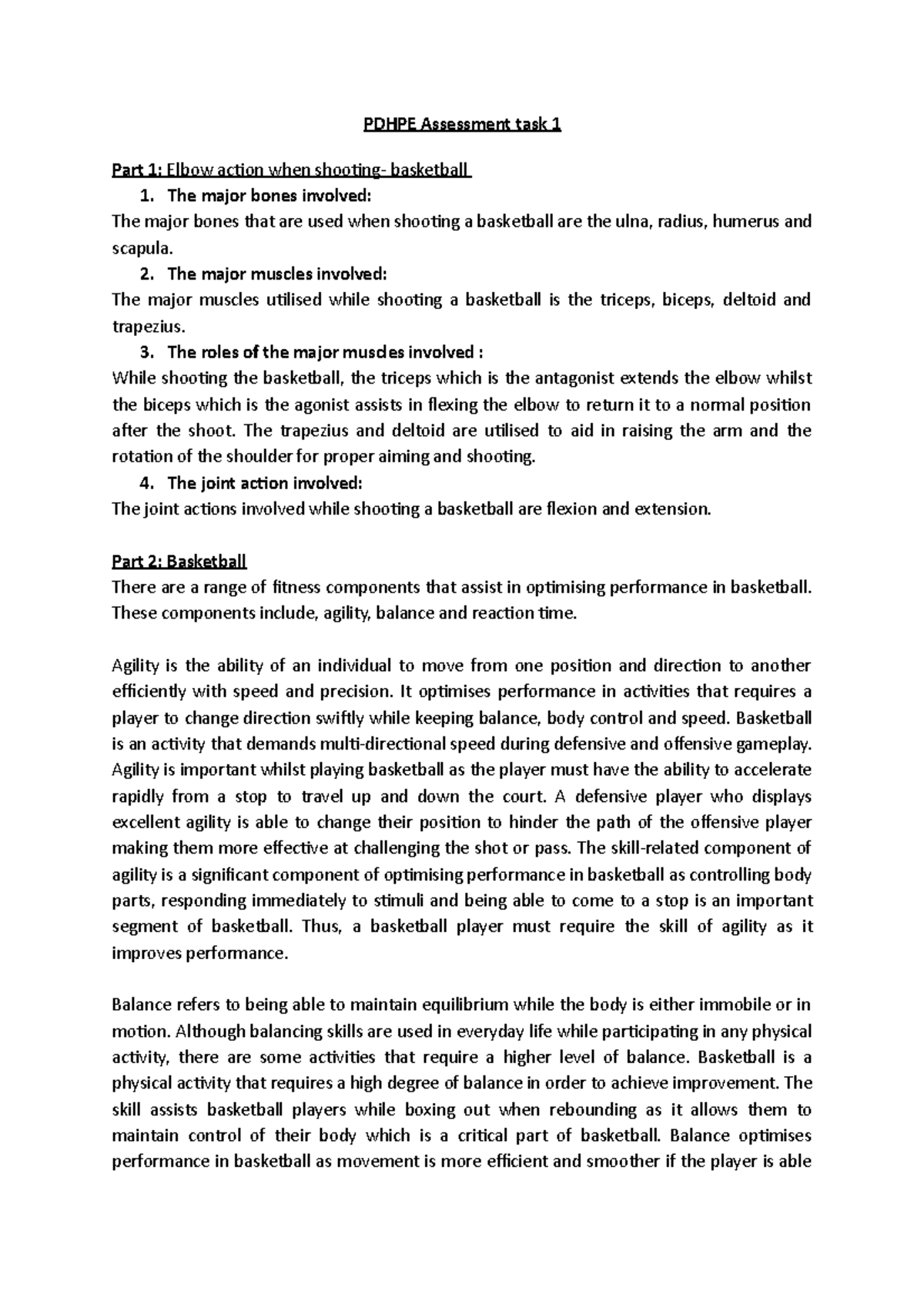 Pdhpe Assessment task 1 - PDHPE Assessment task 1 Part 1: Elbow action ...