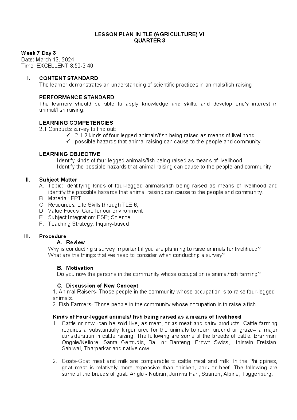 LP TLE6 Q3 WEEK 7 DAY 3 Animal Raising and Fishes - LESSON PLAN IN TLE ...