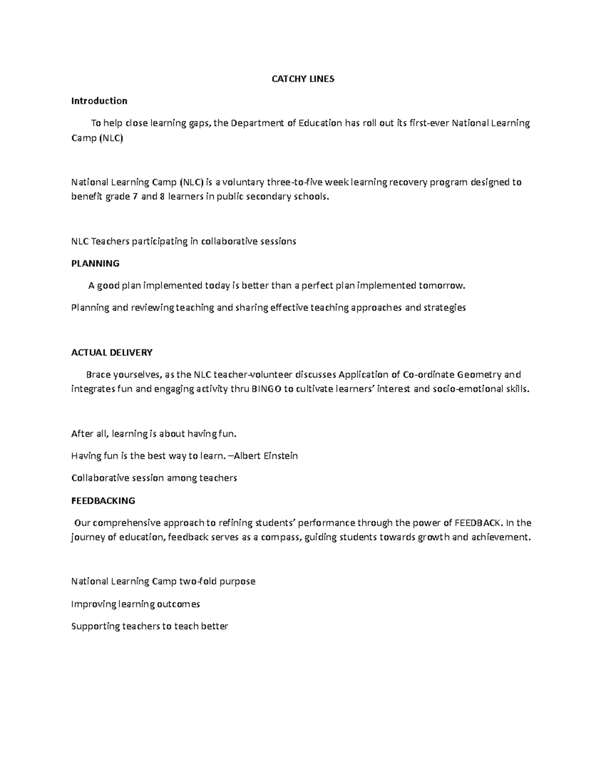 Catchy Lines - CATCHY LINES Introduction To help close learning gaps ...