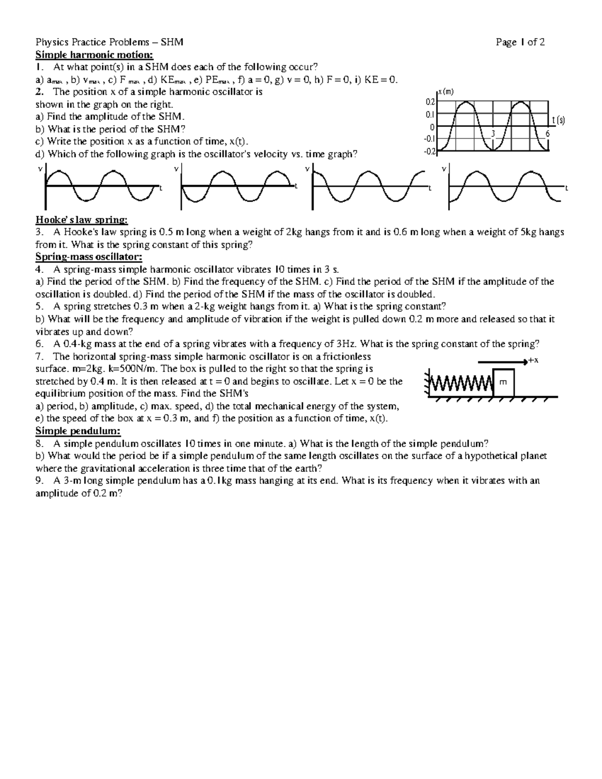 Apb shm prac prob 2 - Practice Problems SHM - Physics Practice Problems ...