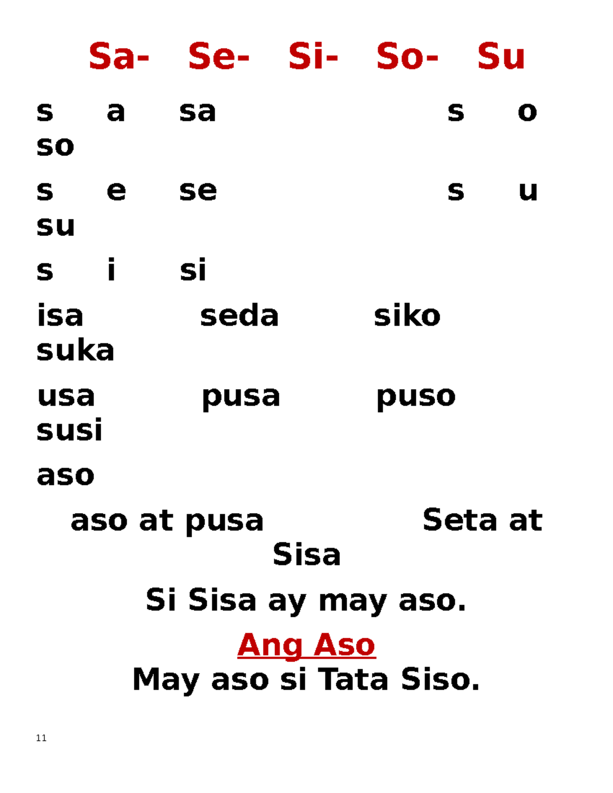Reading Materials Tagalog 2 - Sa- Se- Si- So- Su s a sa s o so s e se s ...
