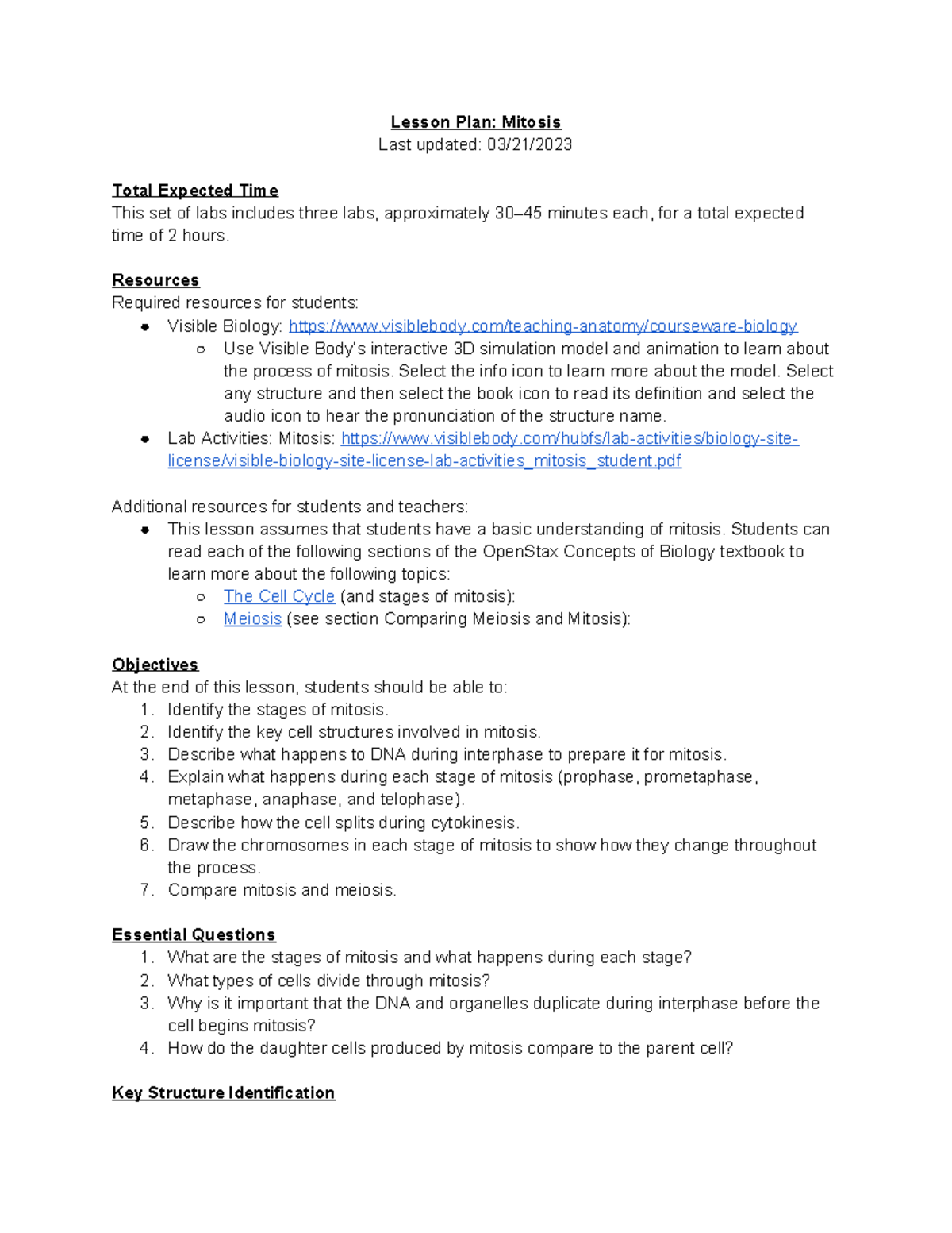 Bio-learn-lesson-plan mitosis - Lesson Plan: Mitosis Last updated: 03 ...