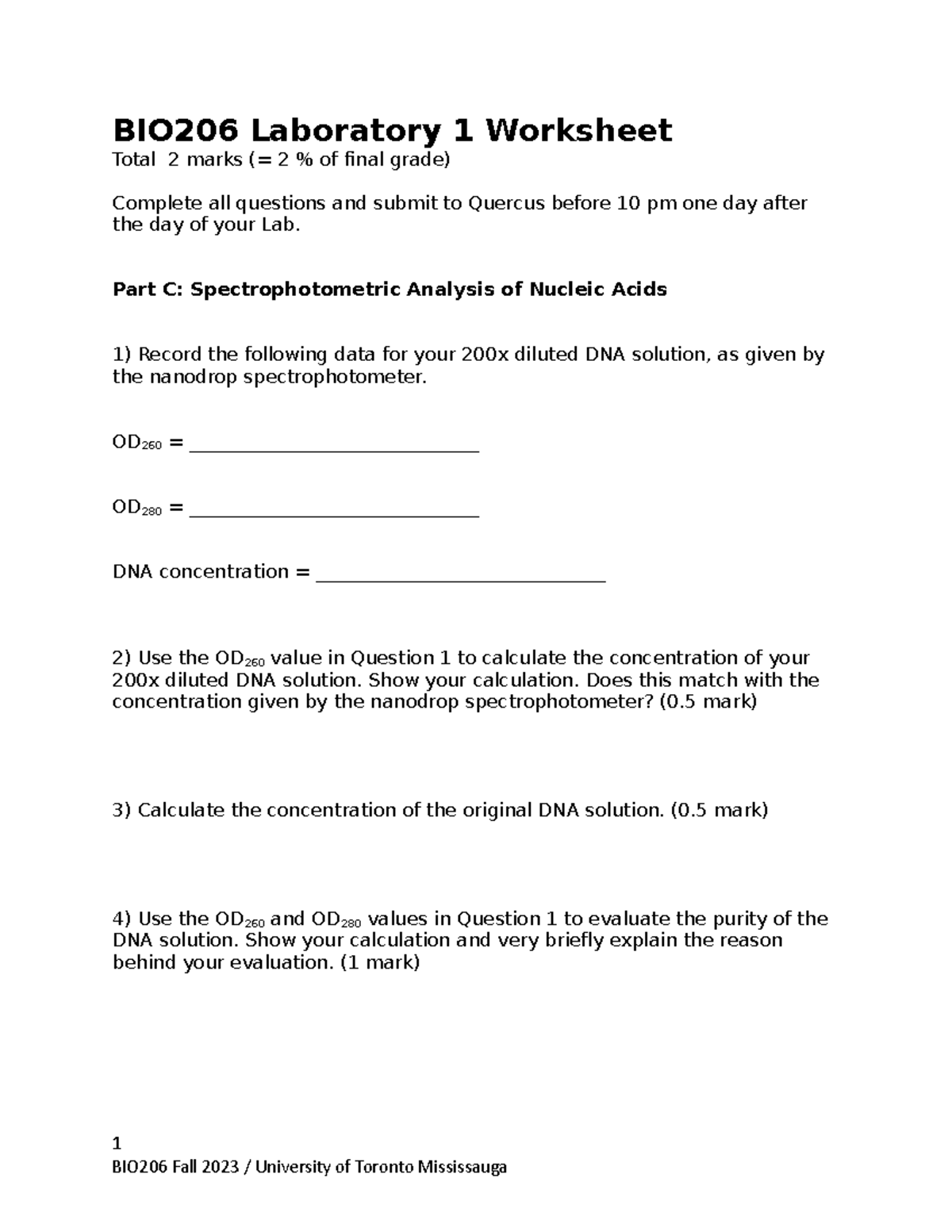 BIO206 Lab 1 Worksheet-1 - BIO206 Laboratory 1 Worksheet Total 2 marks (= 2 % of final grade ...