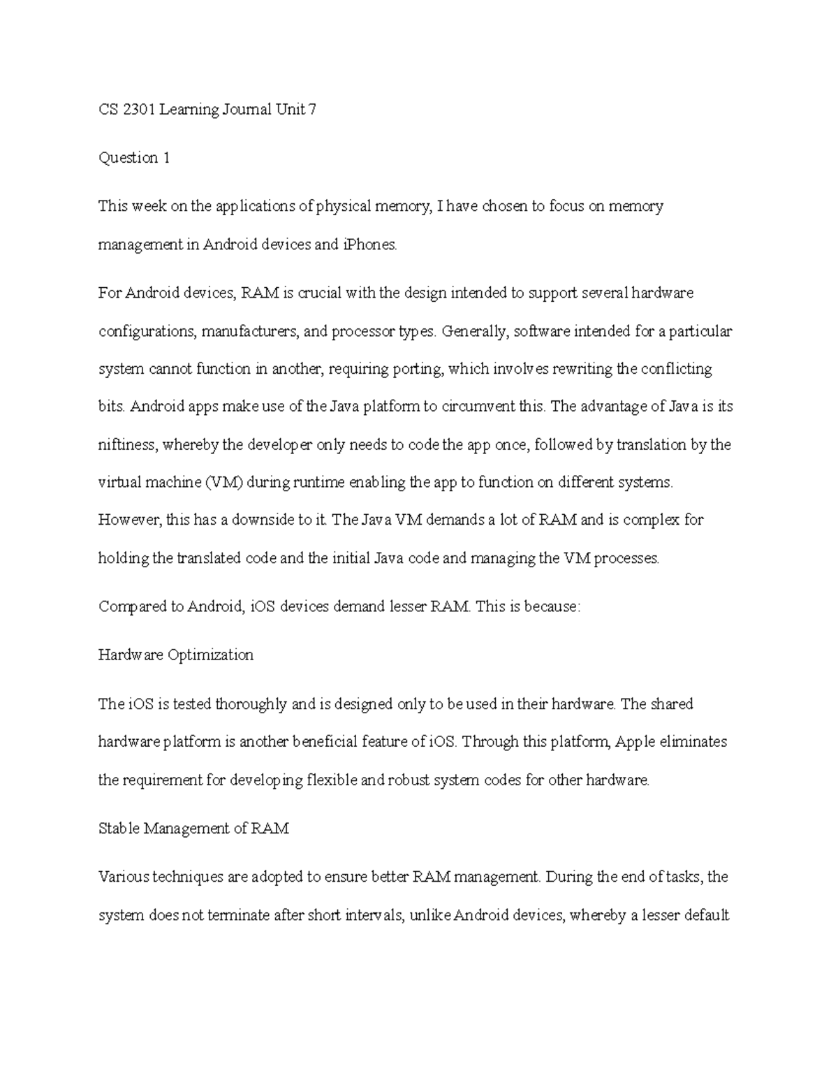 Cs 2301 Learning Journal Unit 7 For Android Devices Ram Is Crucial