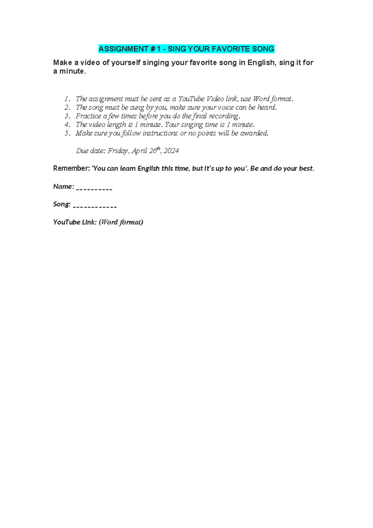 Assignment # 1 - SING YOUR Favorite SONG - ASSIGNMENT # 1 - SING YOUR ...