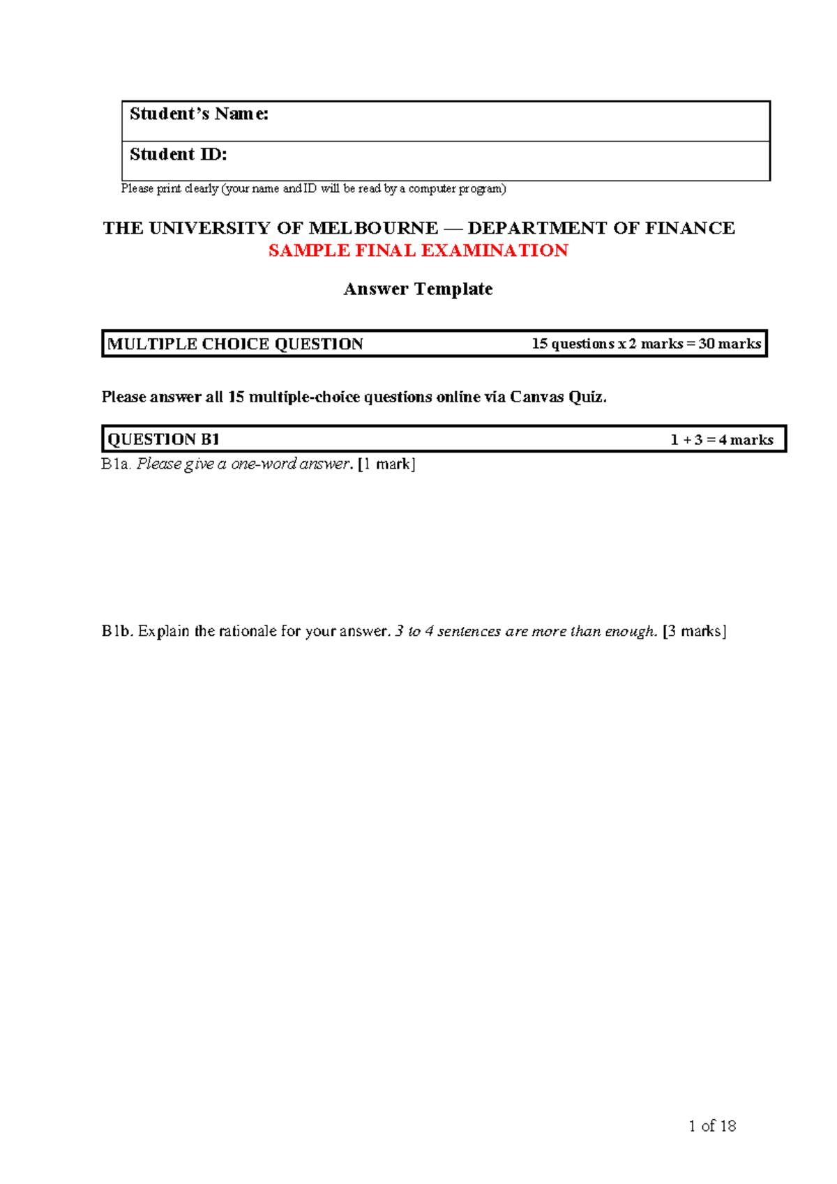 Sample Final Exam Template - Student’s Name: Student ID: Please print ...