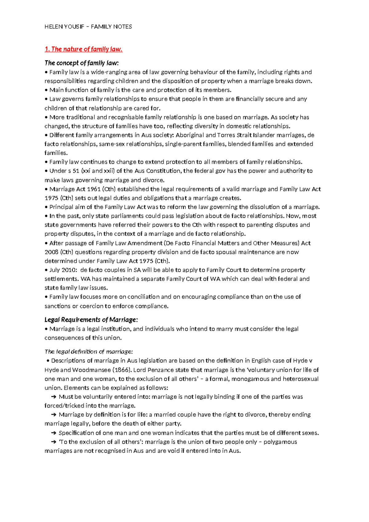 Notes Family Law Helen Yousif - The nature of family law. The concept ...