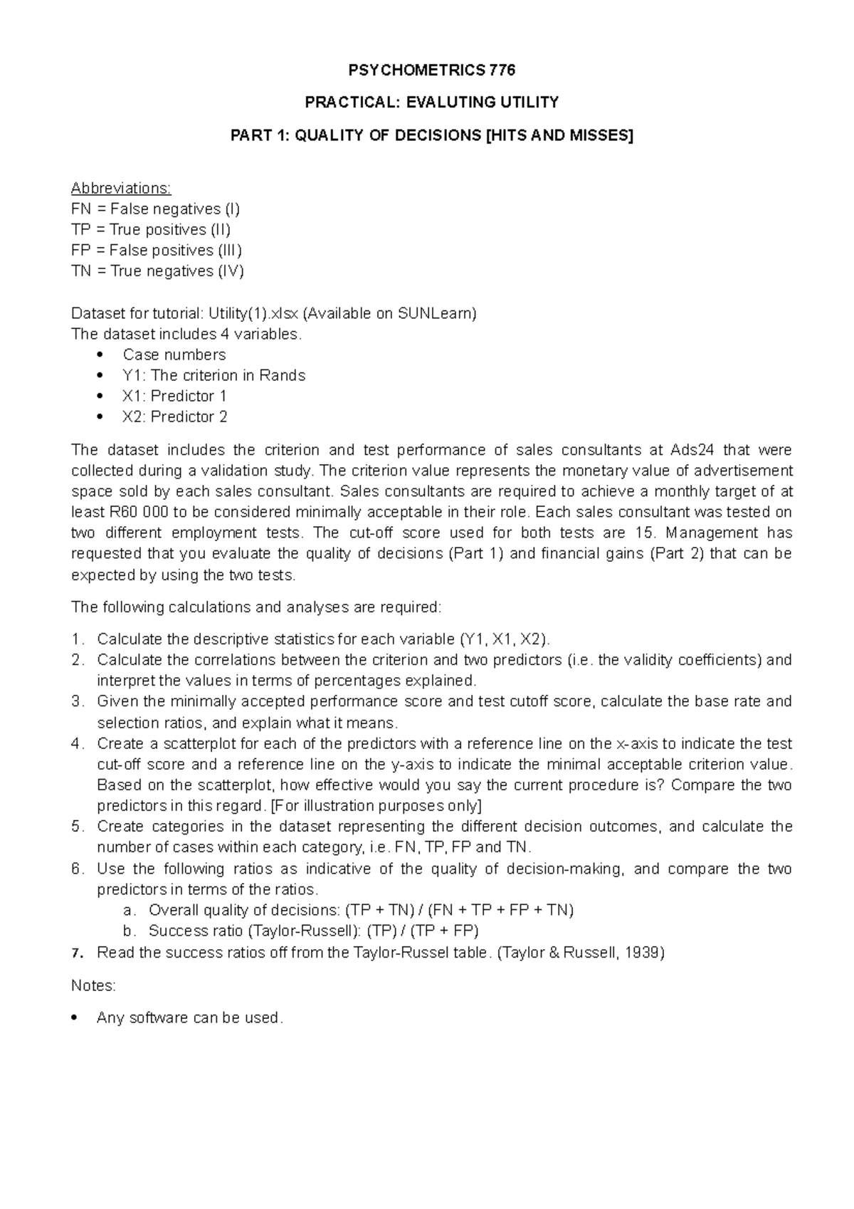 Practical Utility Instructions 01112021 - PSYCHOMETRICS 776 PRACTICAL: EVALUTING UTILITY PART 1 ...