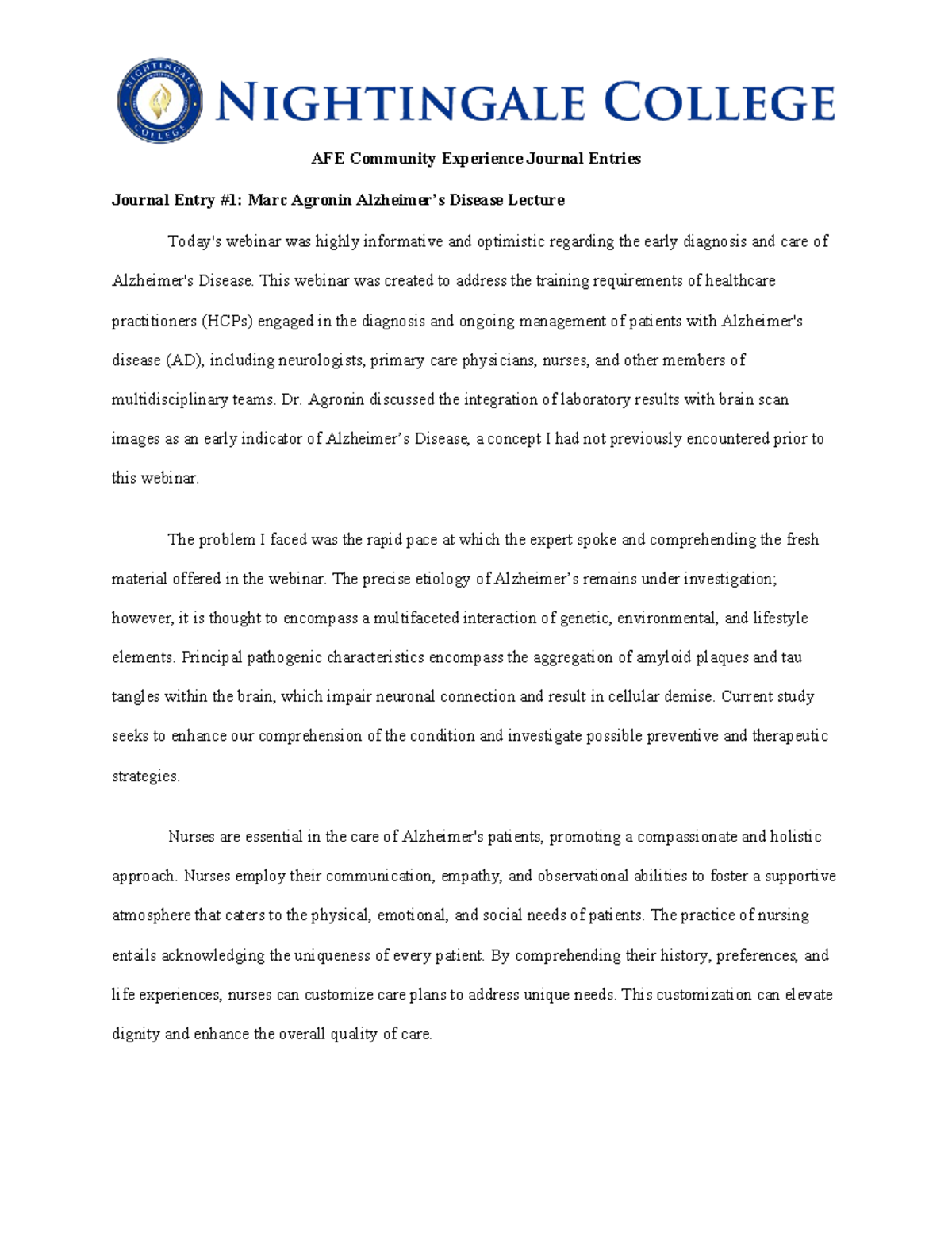 BSN 346- AFE Project Log and Journal - AFE Community Experience Journal ...