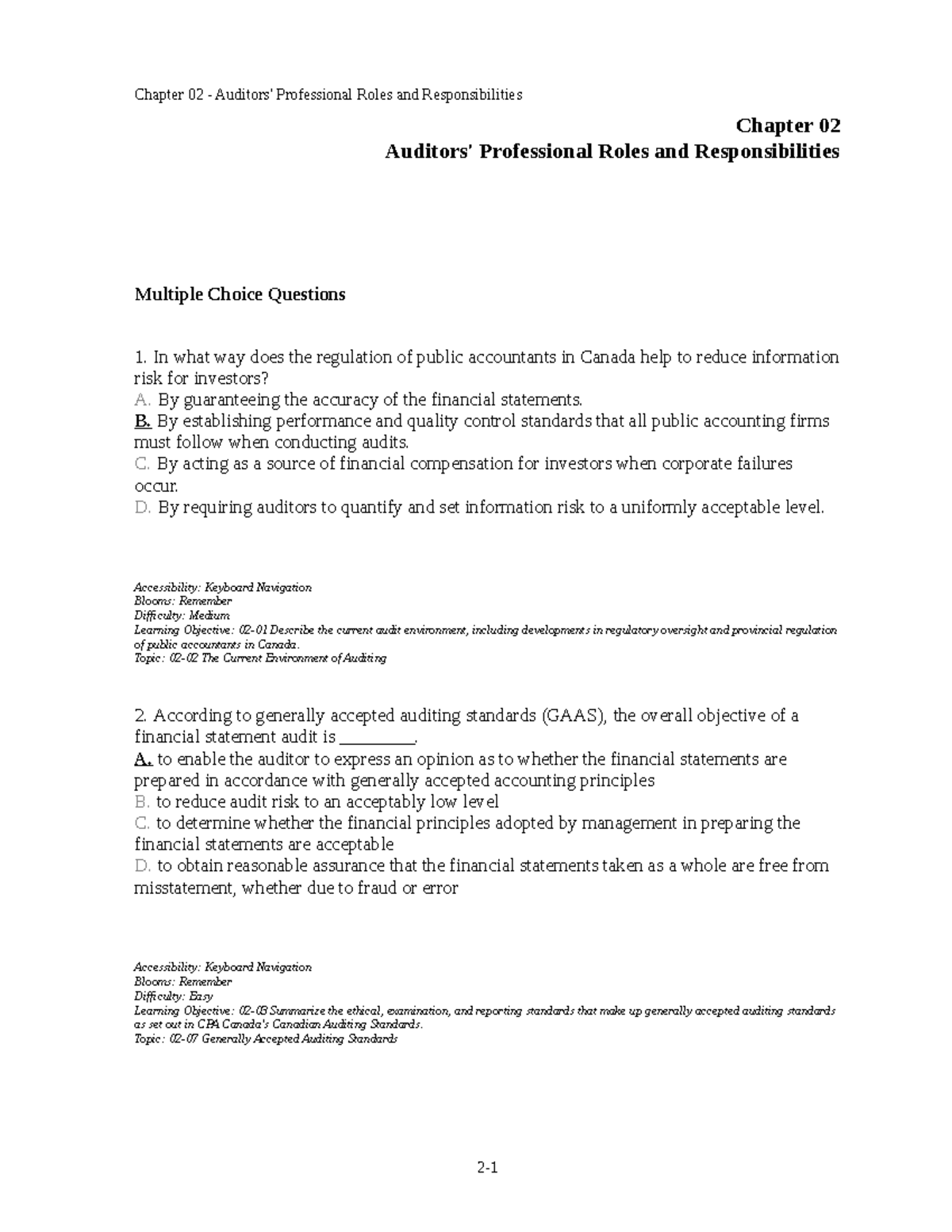 Chap002 - #2Ch - Chapter 02 Auditors' Professional Roles and Responsibilities Multiple Choice ...