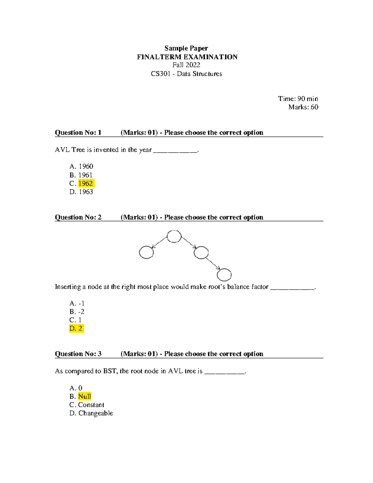 CS301 - Sample Paper - read notes - Sample Paper FINALTERM EXAMINATION ...