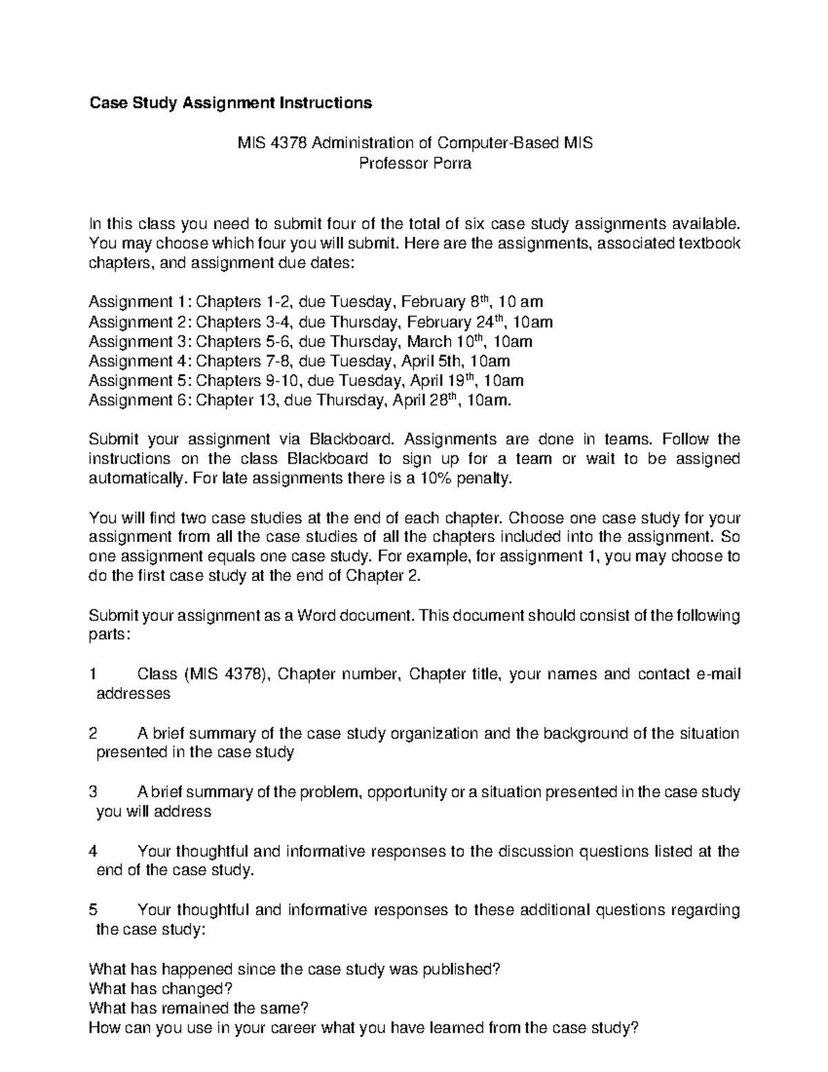 MIS 4378 Case Study Presentation Instructions 2022 - Case Study ...