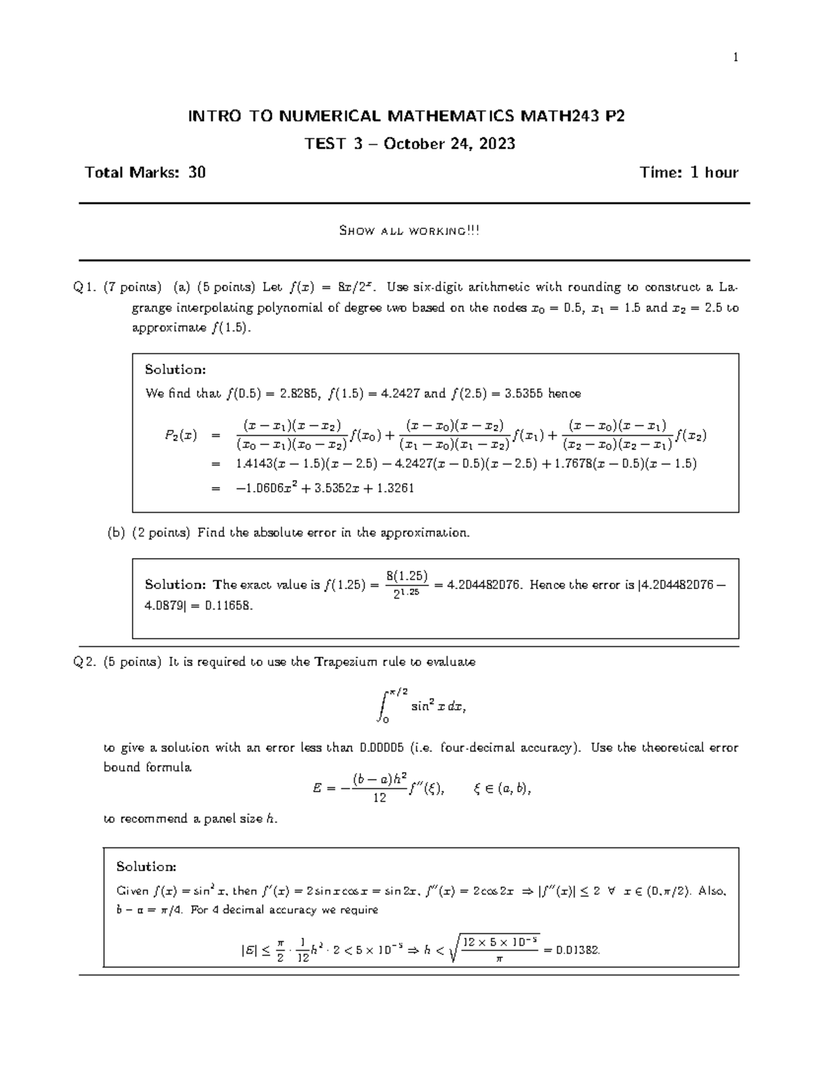 Math243P 2023 Test 3 ans - 1 INTRO TO NUMERICAL MATHEMATICS MATH243 P ...