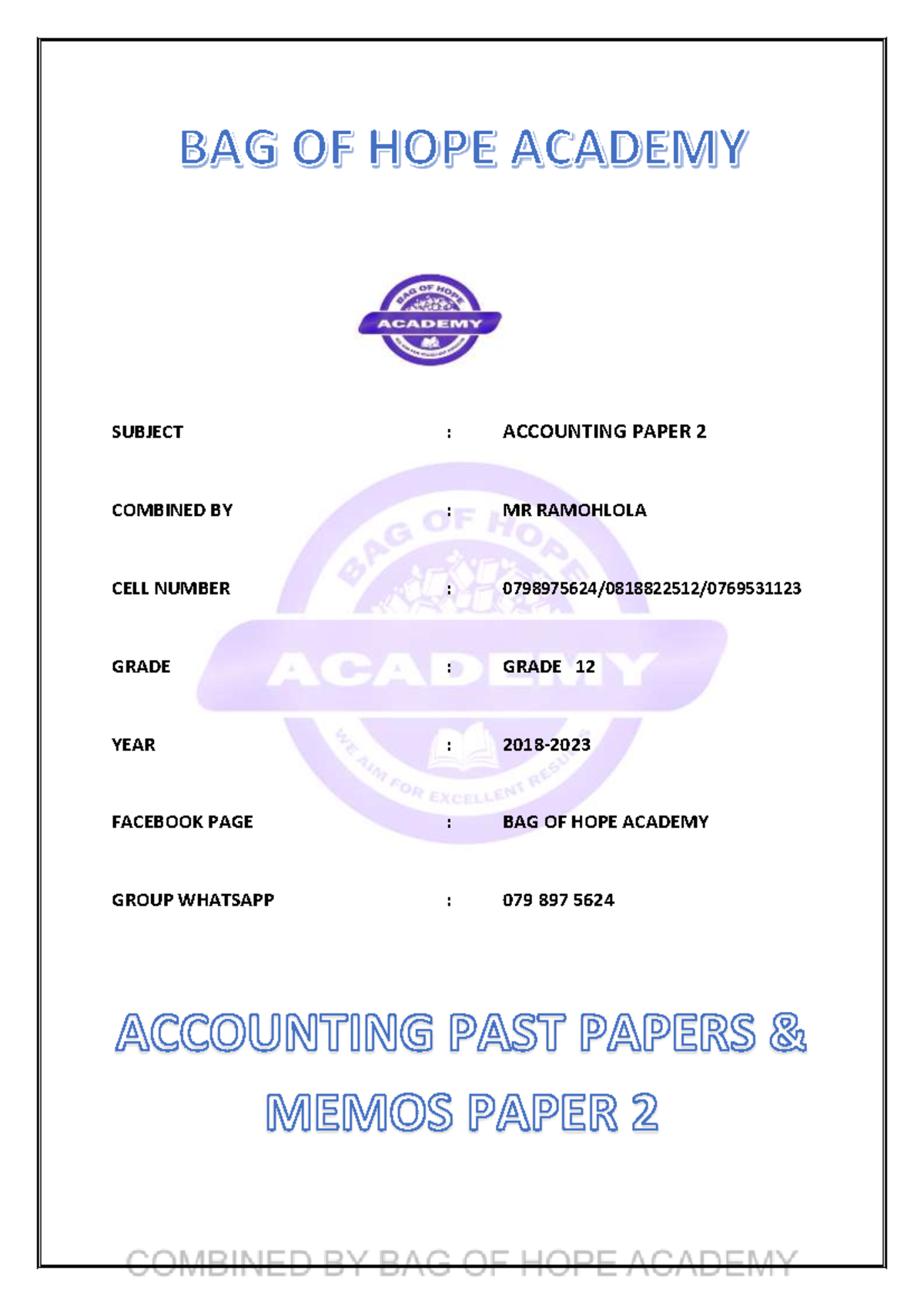 Accounting PAST Papers P2 2020 TO 2023 - SUBJECT : ACCOUNTING PAPER 2 ...
