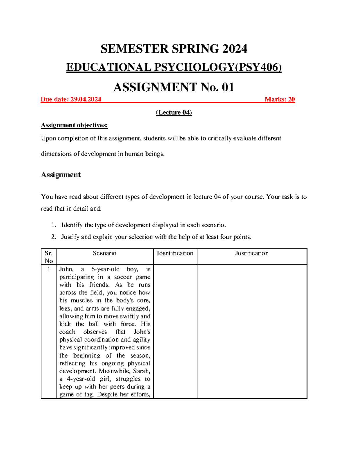 Spring 2024 PSY406 1 - SEMESTER SPRING 2024 EDUCATIONAL PSYCHOLOGY(PSY 406 ) ASSIGNMENT No. 01 ...