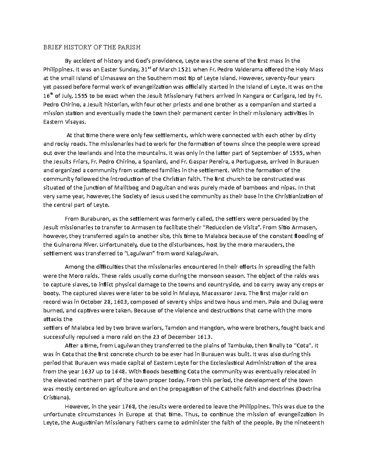 Brief History OF THE Parish (ICP) - BRIEF HISTORY OF THE PARISH By ...