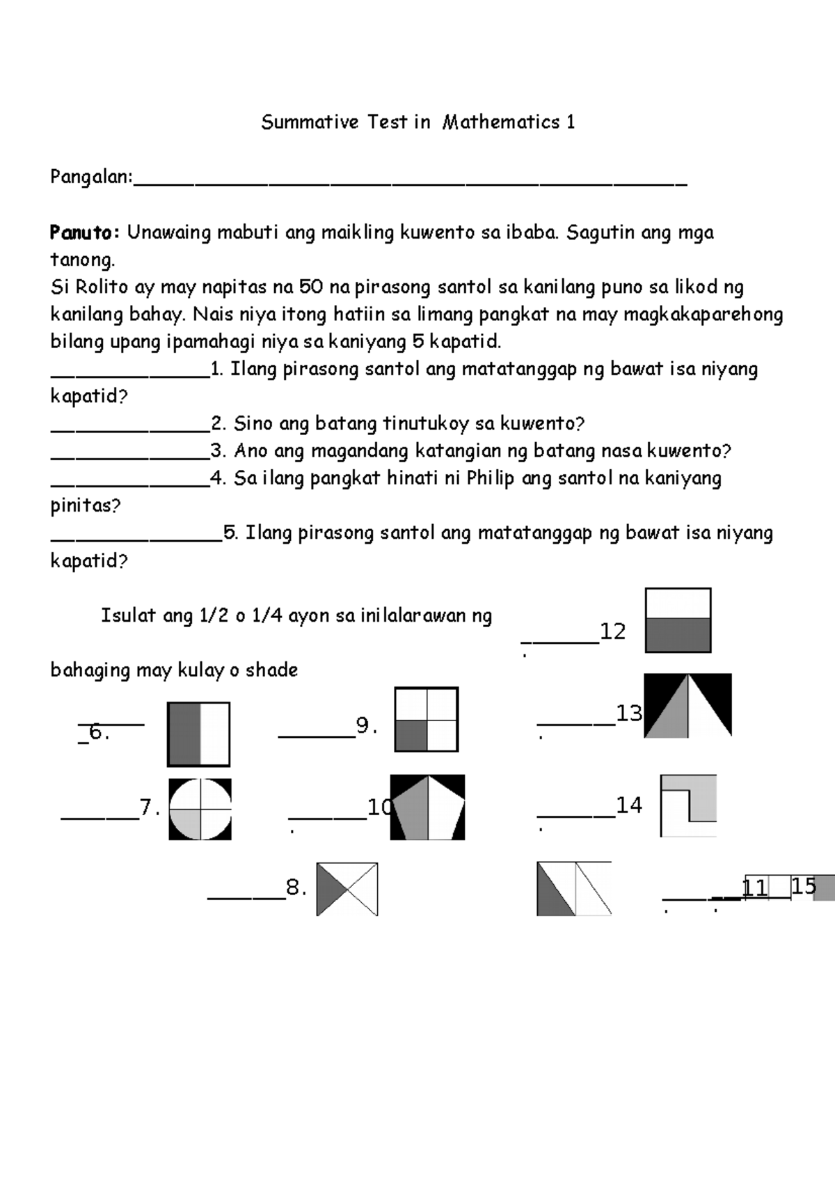 QUIZ 1 math1 - n/a - Summative Test in Mathematics 1 - Studocu