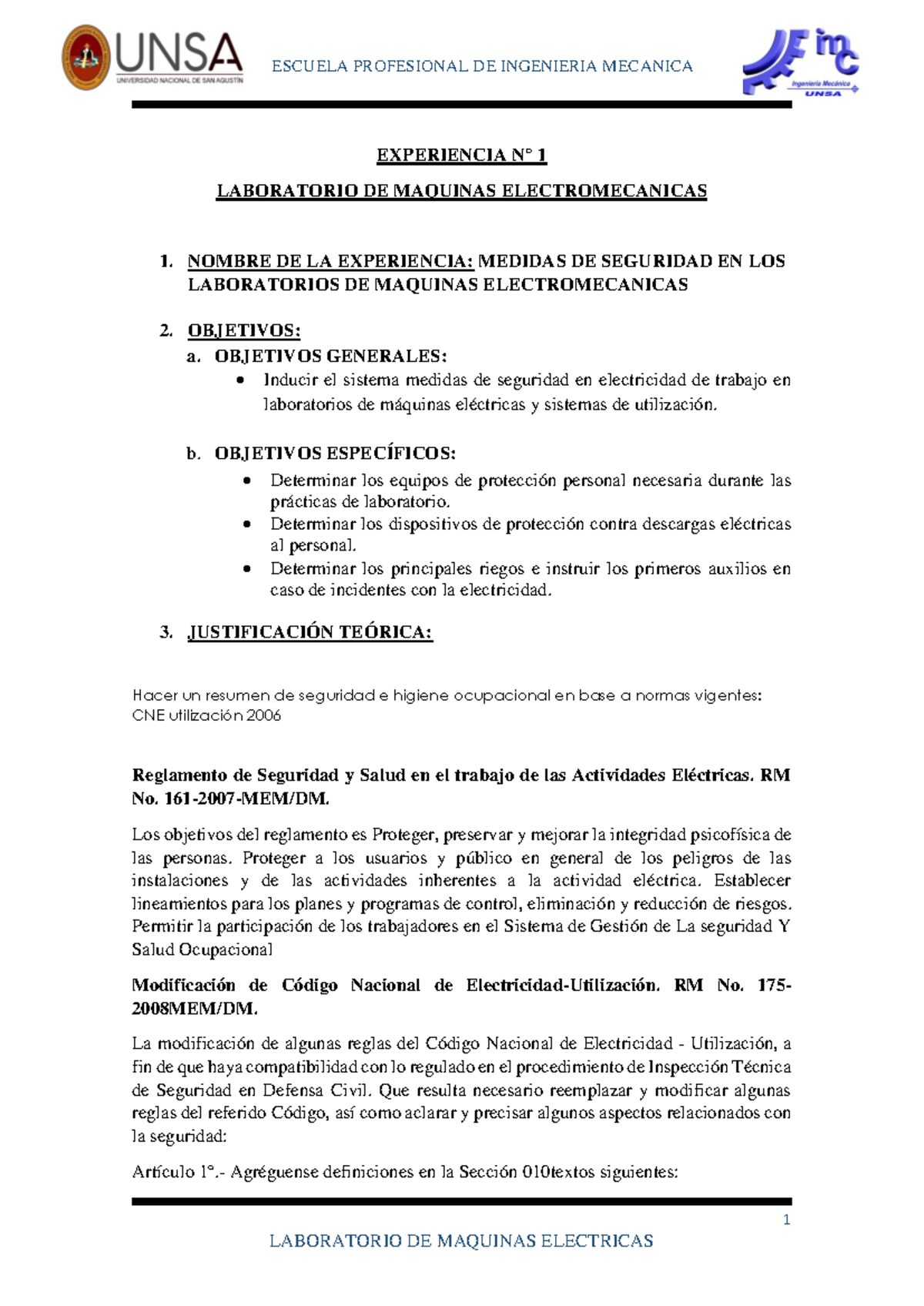 GUIA N° 01 LAB Maquinas Electricas - 1 EXPERIENCIA N° 1 LABORATORIO DE MAQUINAS ELECTROMECANICAS ...
