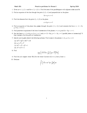 Cal 3 - Exam 1 (Solutions) - Practice problems for Exam 1. 1. Given a ...