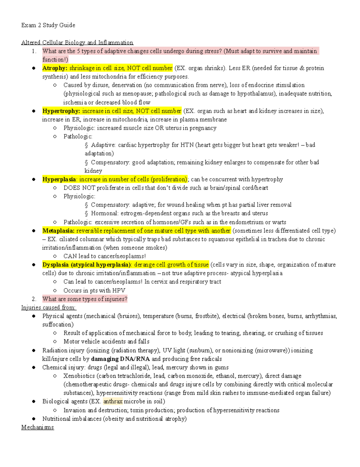 NURS 223 Exam 2 Study Guide - Exam 2 Study Guide Altered Cellular ...