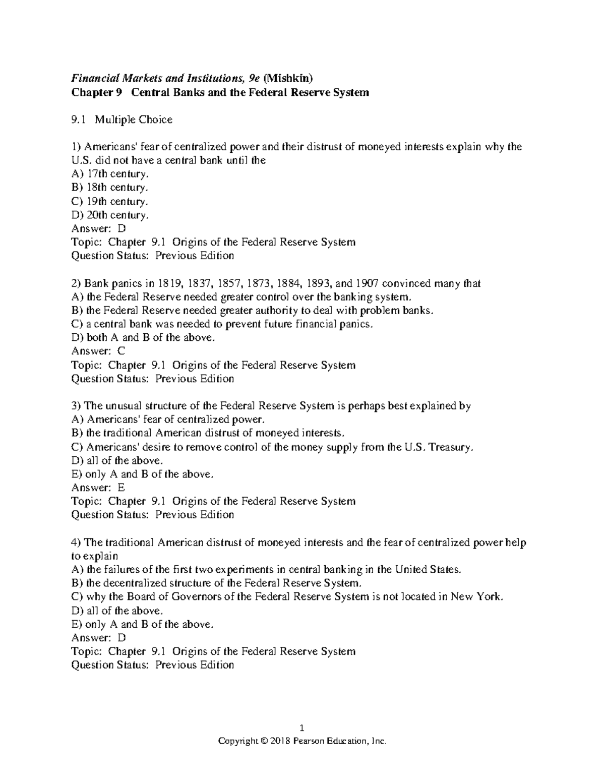 Chapter 9 - Fina 3017 test bank - 1 Financial Markets and Institutions ...